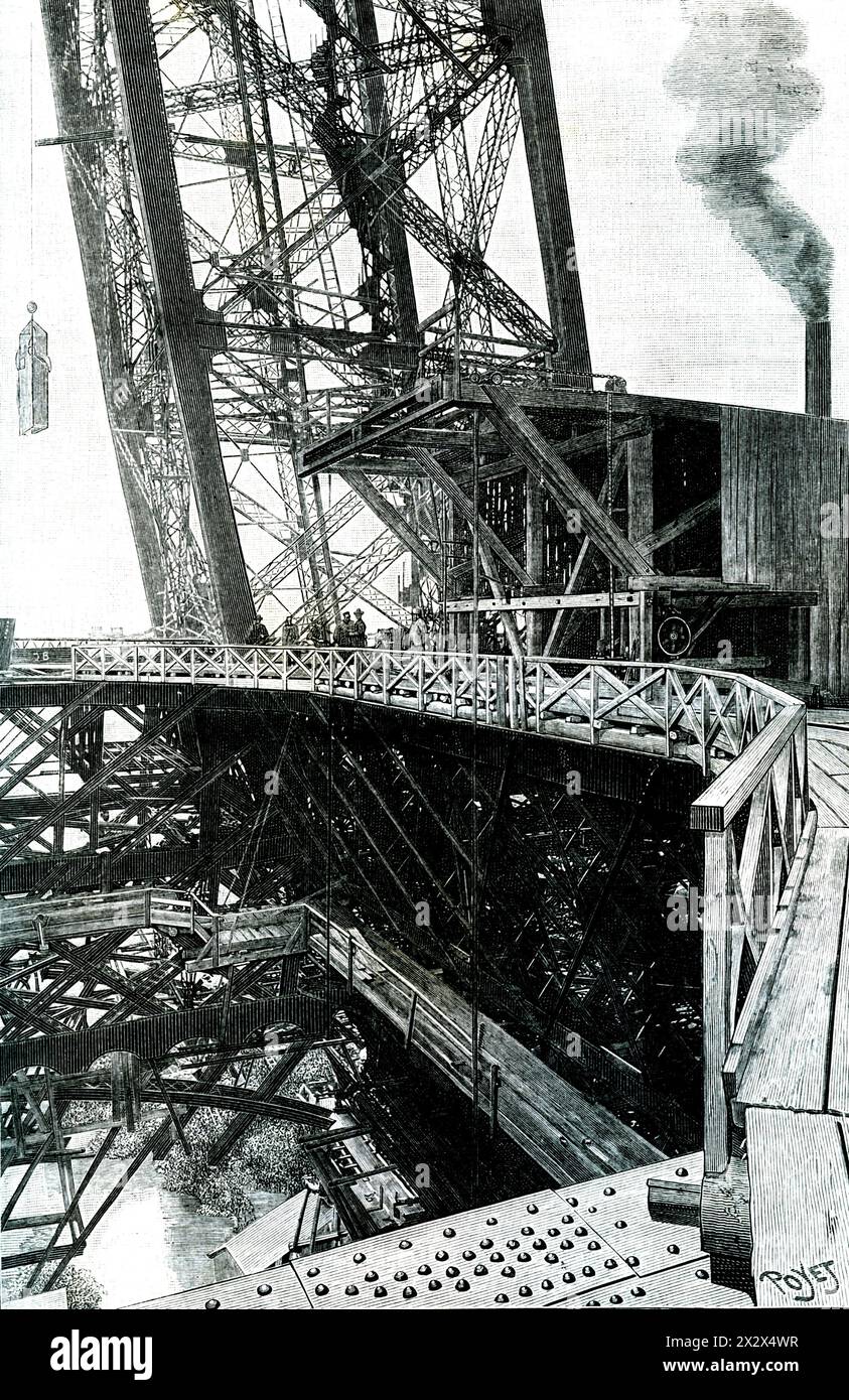 Illustration of a pillar of the Eiffel Tower, Paris, France, under construction. Construction of ...