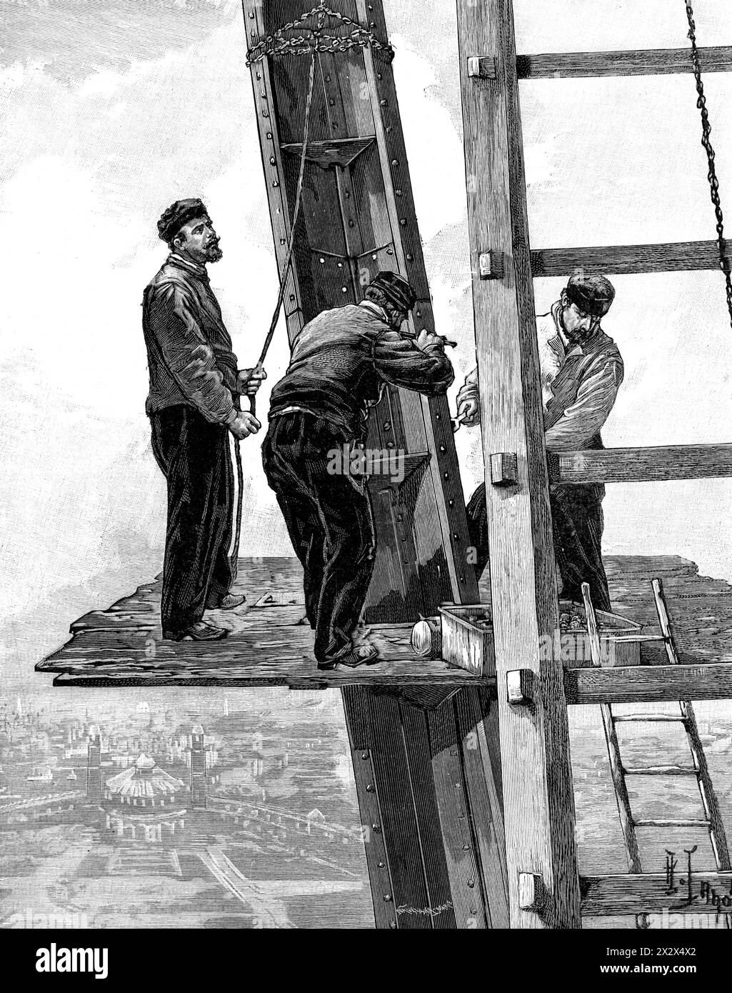 Illustration of the construction workers bolting rafters together on ...