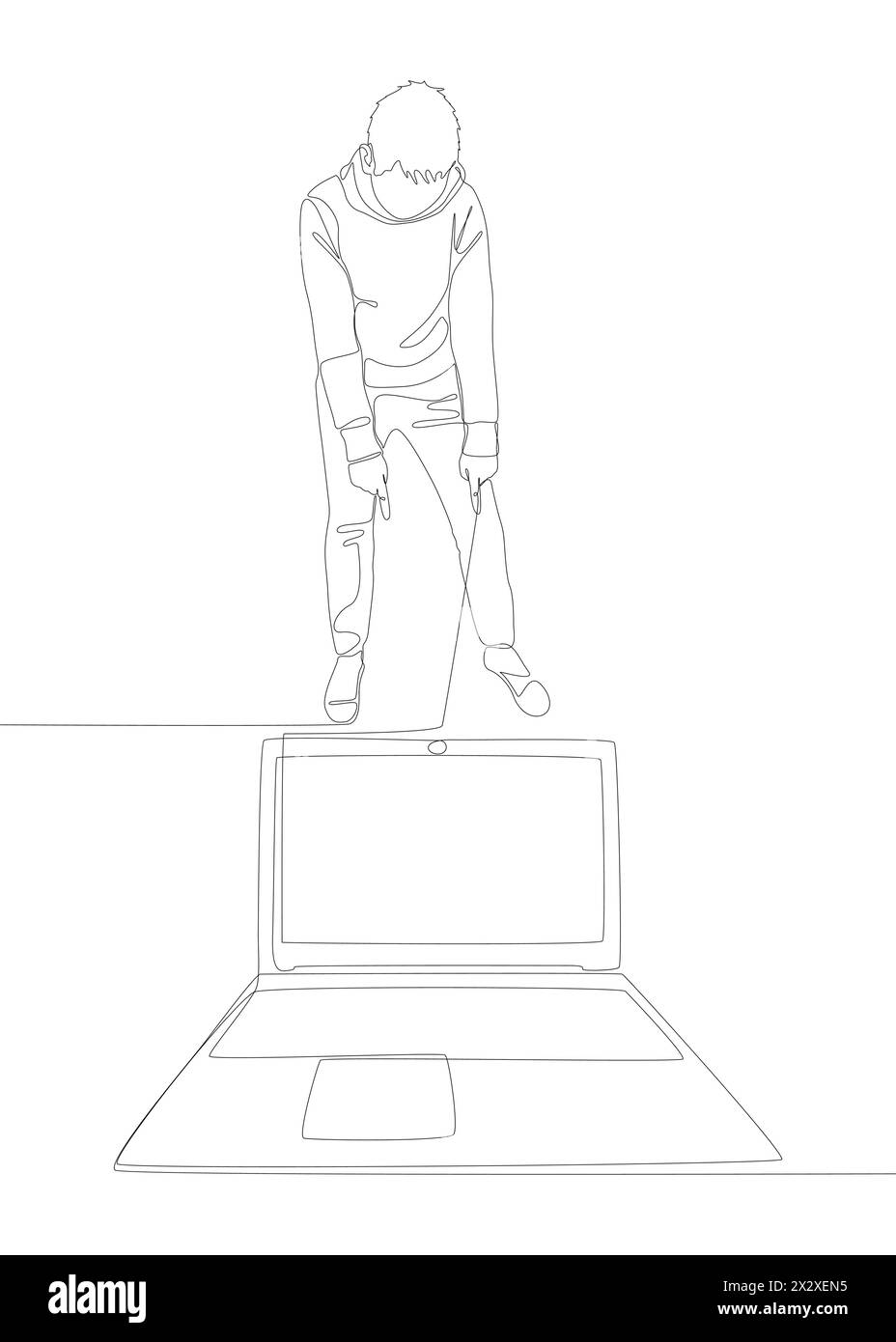 One continuous line of Man pointing with finger at Laptop. Thin Line ...