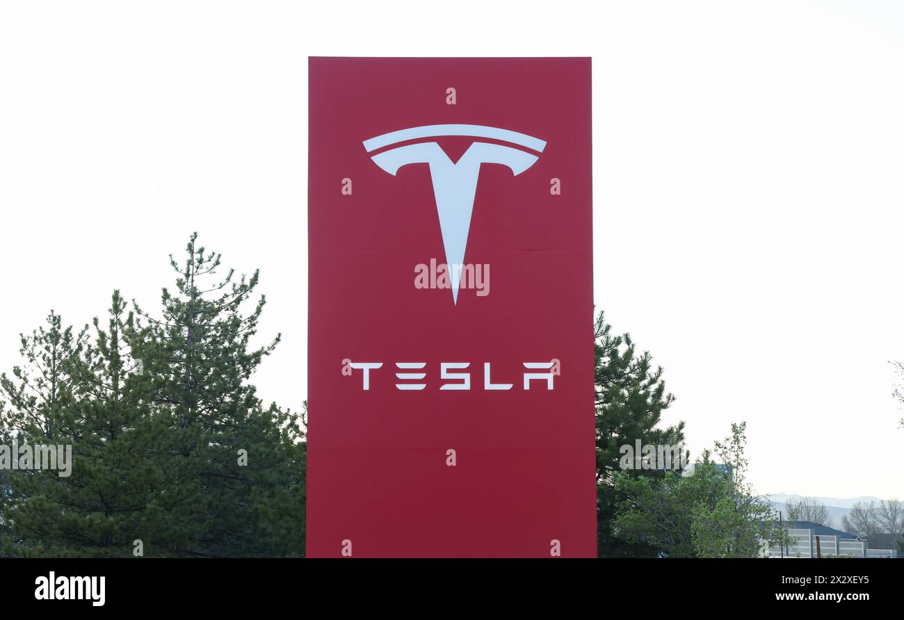 Reno, United States. 19th Apr, 2024. A Tesla logo is seen in front of a ...