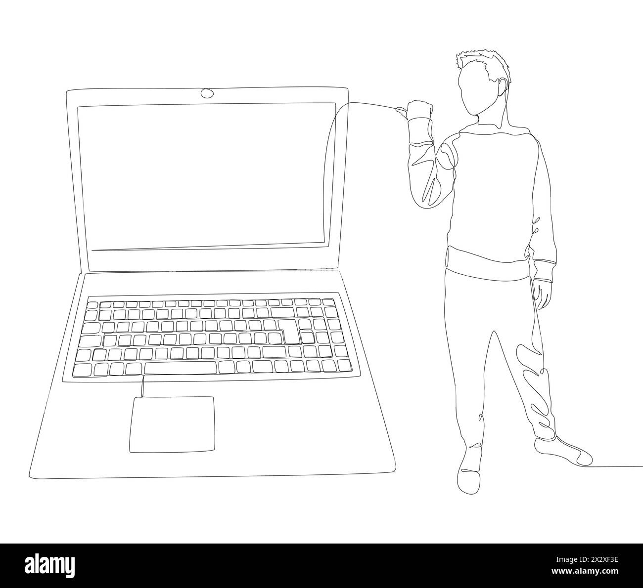 One continuous line of Man pointing with finger at Laptop. Thin Line ...
