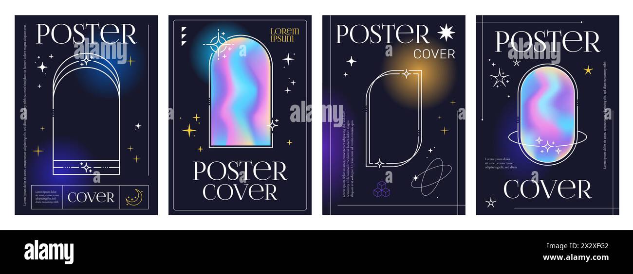 Holographic Y2K gradient posters and neon glow backgrounds with frame ...