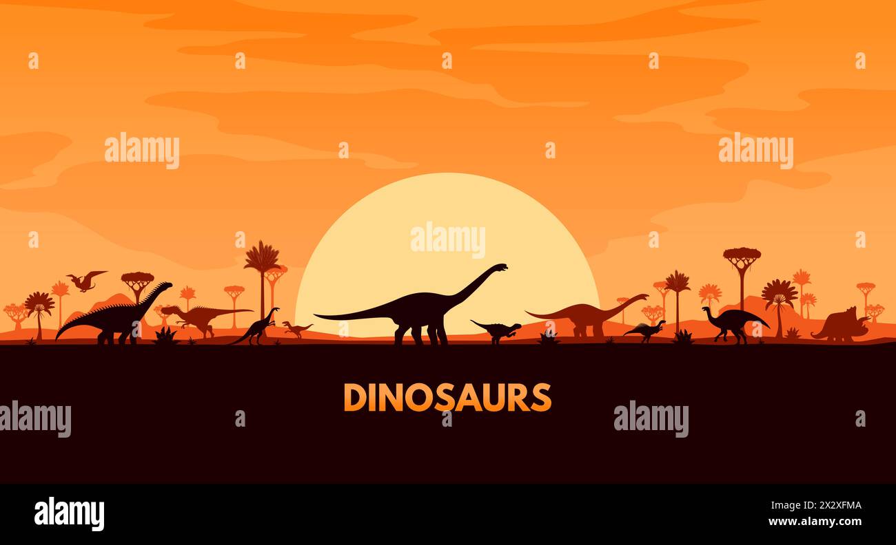 Jurassic era landscape with dinosaur silhouettes. Vector background ...