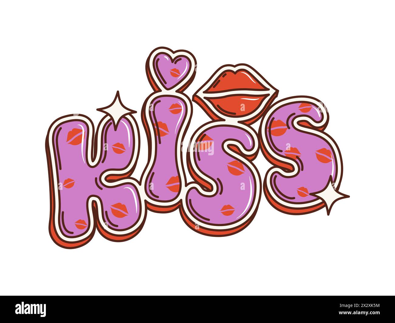 Groovy cartoon retro hippie kiss sign letters with lips for Valentine ...
