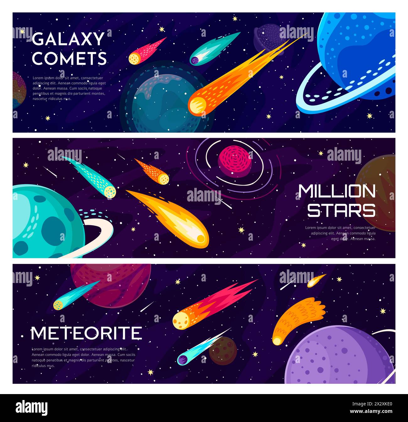 Galaxy universe banners. Comets and planets, stars and asteroids ...