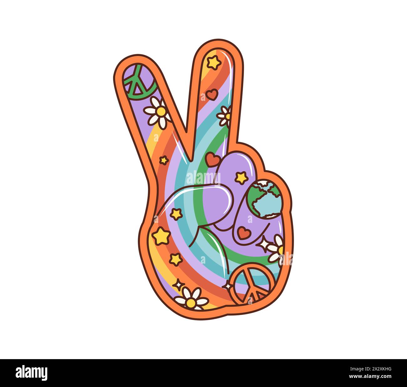 Cartoon retro groovy victory sign. Isolated vector hippie-style gesture ...