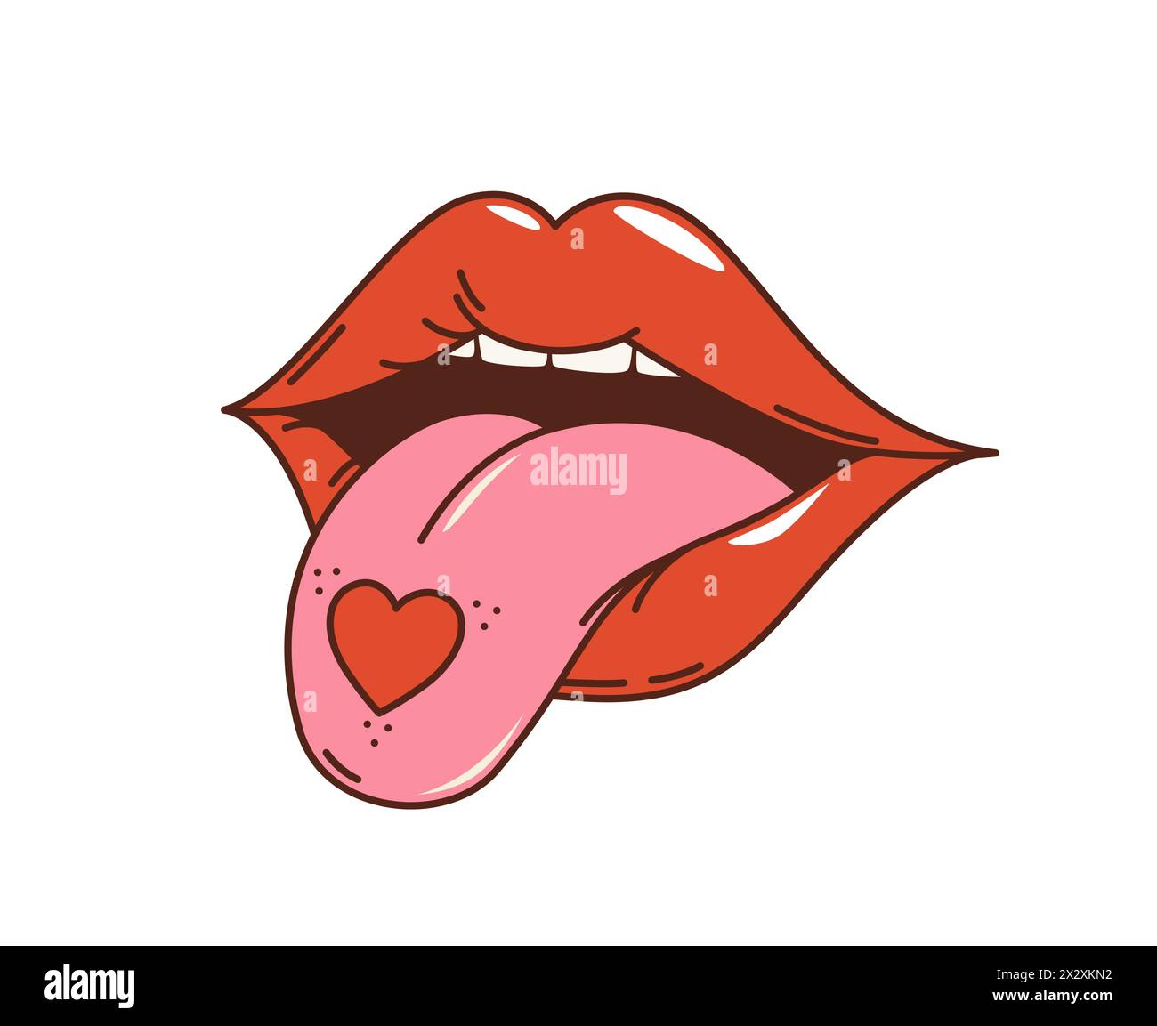 Cartoon retro groovy hippie love lips with tongue out and heart, vector ...