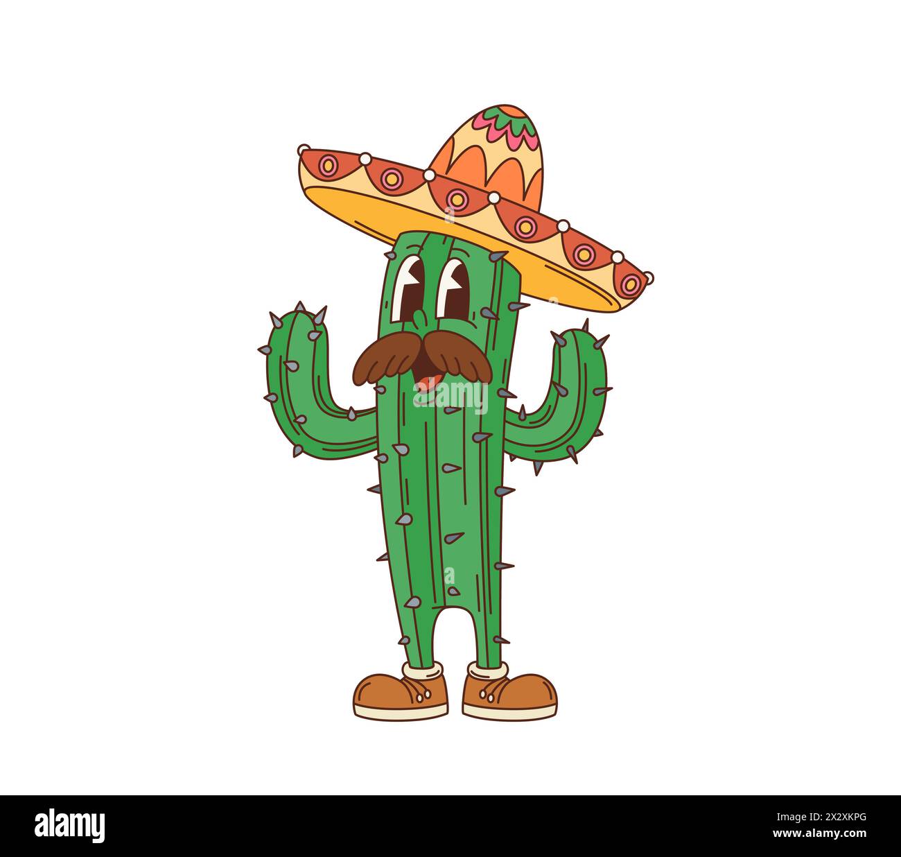 Cartoon retro groovy Mexican cacti character. Isolated vector spiky ...