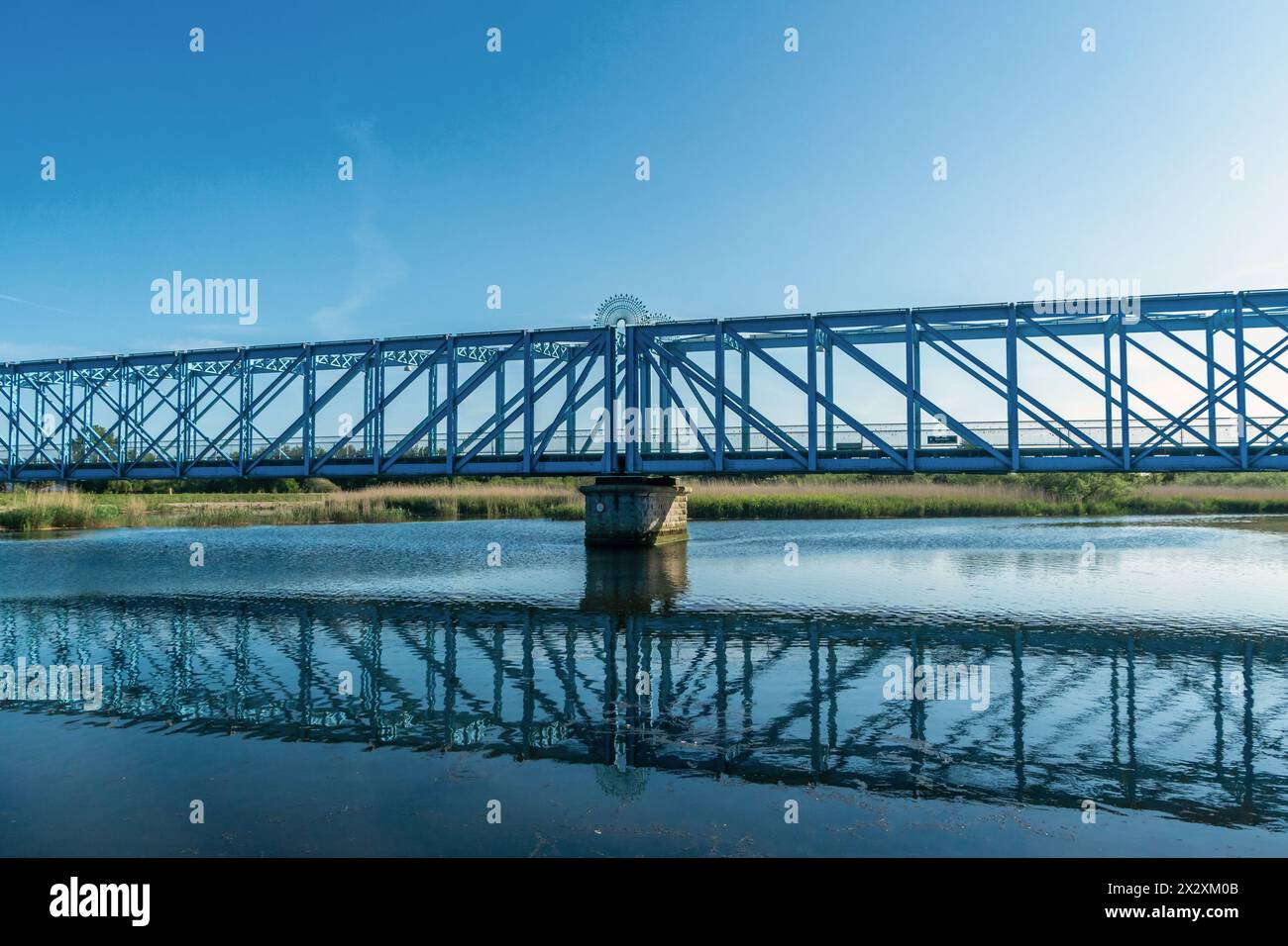 Underside view of blue bridge above the biggest river in Randers ...