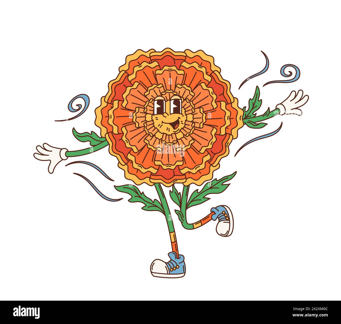 Cartoon retro groovy marigold flower character. Isolated vector ...