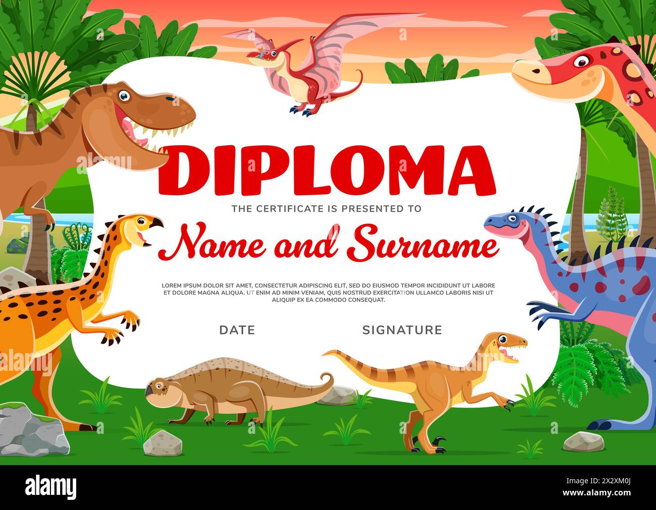 Kids diploma with cartoon funny dinosaur reptile characters, vector ...