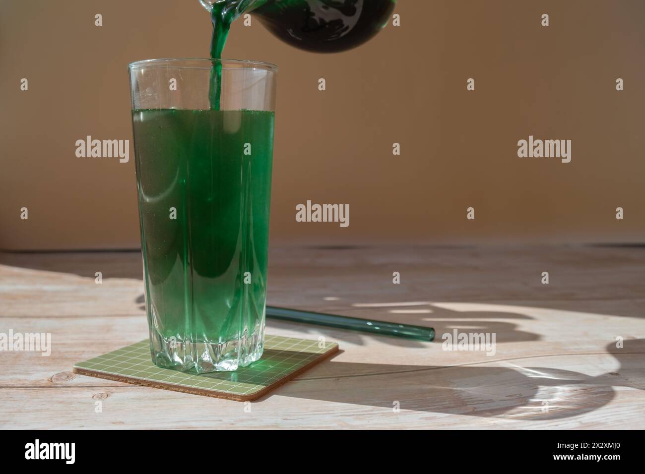 Organic blue-green algae spirulina detox drink in glass powder food ...