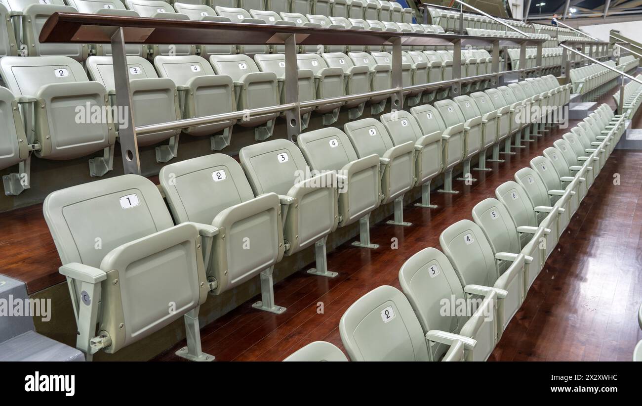 seats of tribune on sport stadium. empty outdoor arena. concept of fans ...
