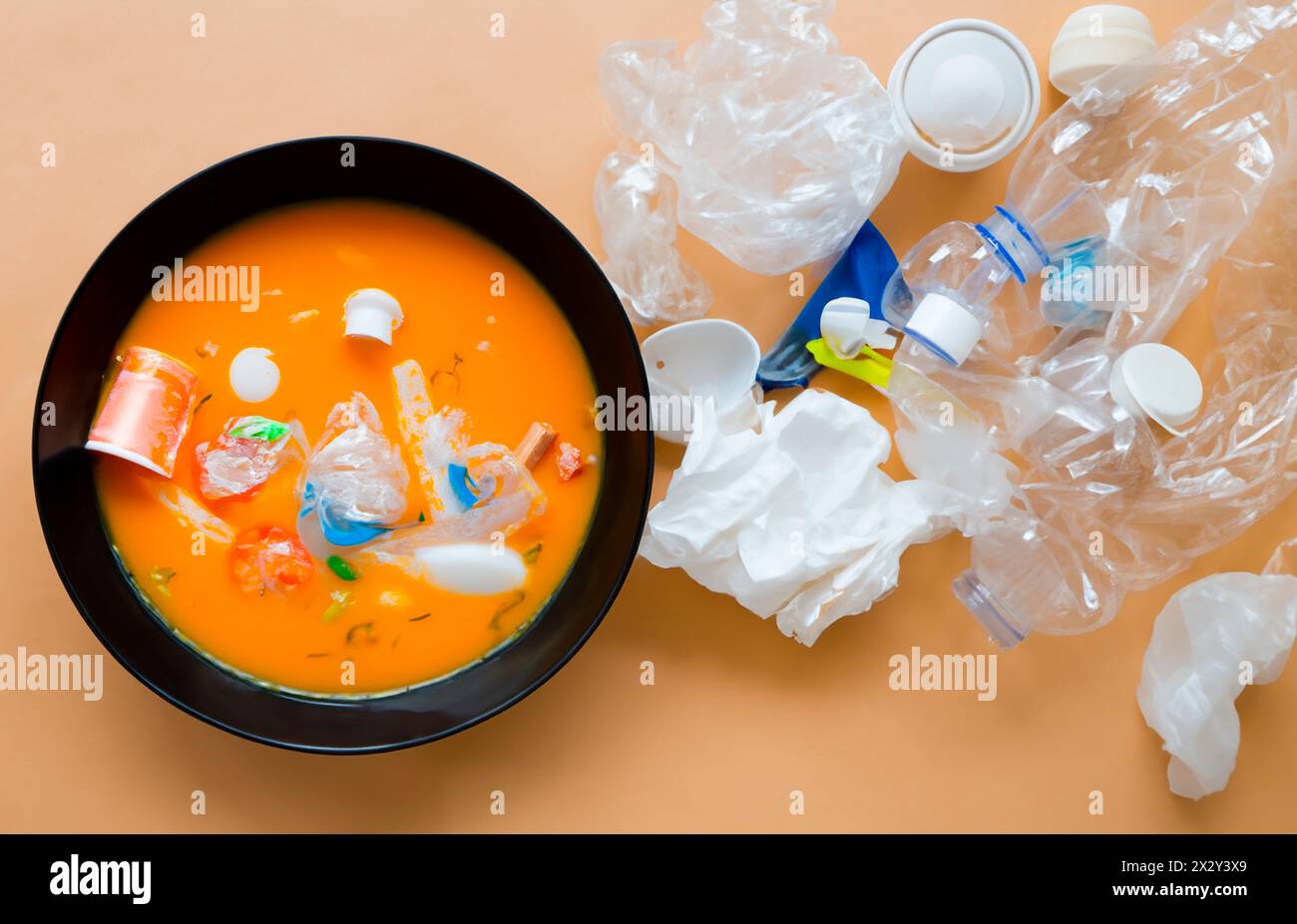 Soup bowl filled with plastic soup, isolated on white. There is a large ...
