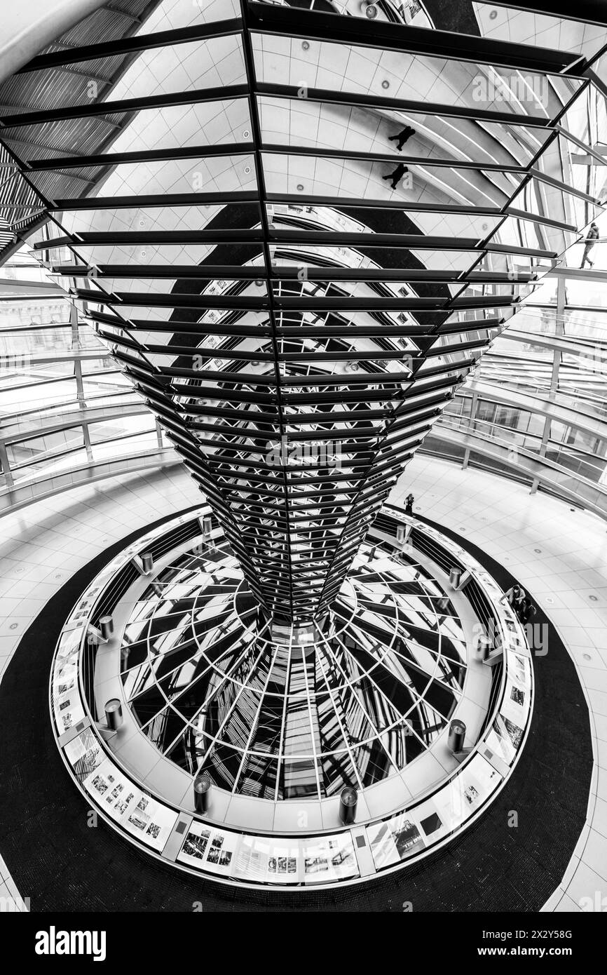 Inside view of the Reichstag glass dome in Berlin showing the mirrored ...