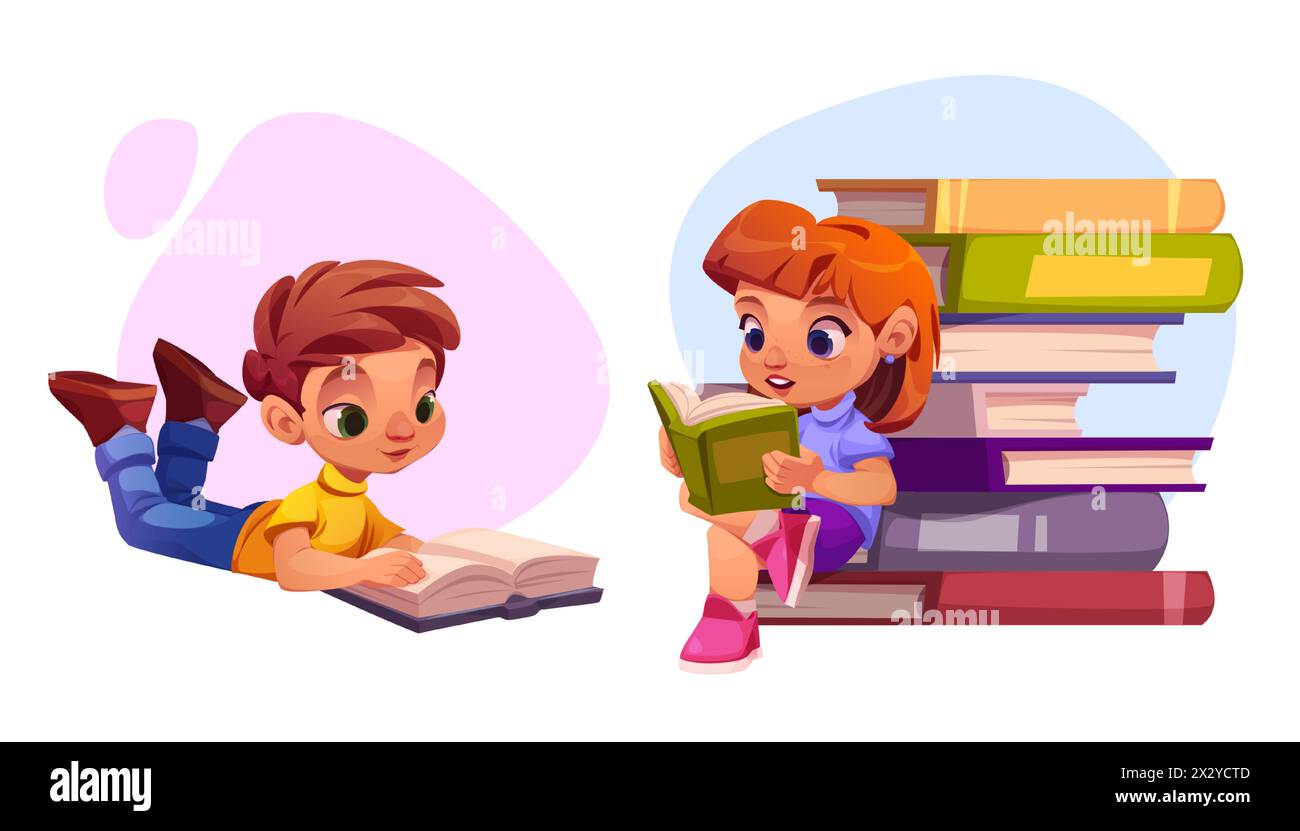 Kids reading books at library or home. Cartoon vector illustration set ...