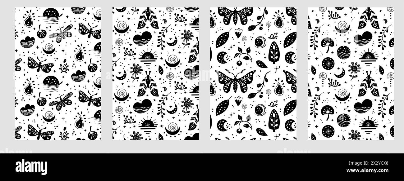 Seamless neo folk pattern with butterfly, moth and flowers, black and ...