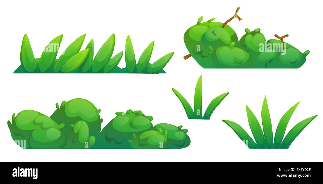 Green grass and bushes set isolated on white background. Vector cartoon ...