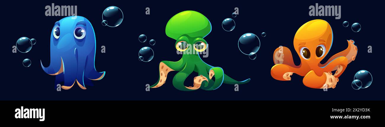 Octopus characters set isolated on black background. Vector cartoon ...