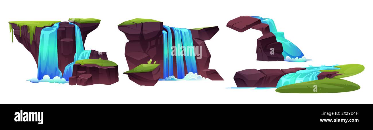 Waterfall cascade with river stream cartoon icon. Water fall from hill ...