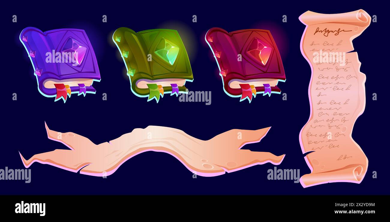 Old magic book and parchment scroll icon for medieval game ui. Ancient ...