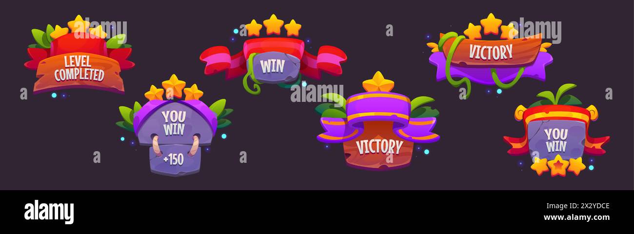 Win and level up badges for mobile game ui design. Cartoon vector illustration of medieval stone ...
