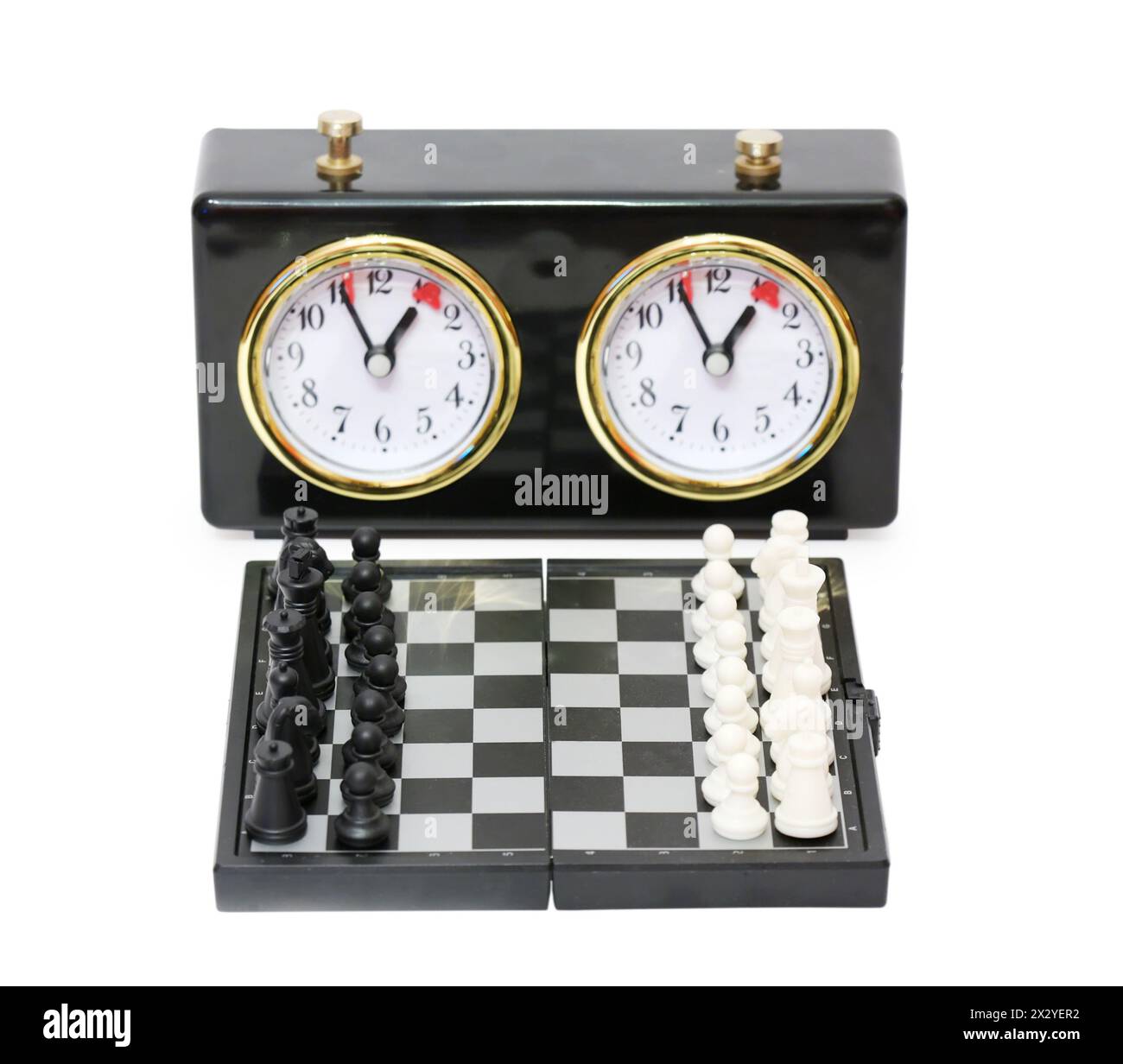 Chess timer and chess board with figures isolated on white background ...