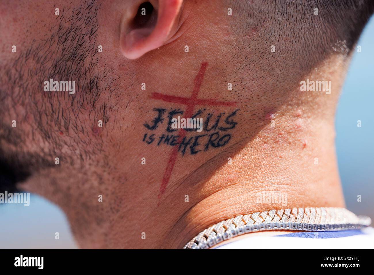 LOS ANGELES, CA - APRIL 21: A detail view of "Jesus is the Hero" tattoo ...
