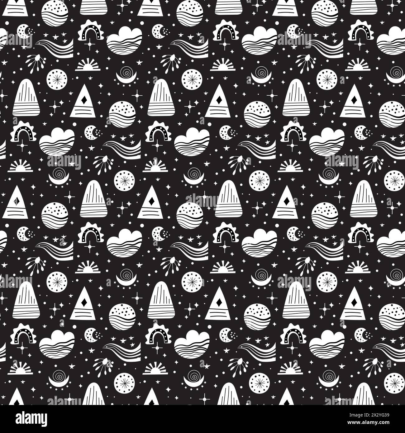 Seamless neo folk art vector pattern with mountains, moon and flowers ...