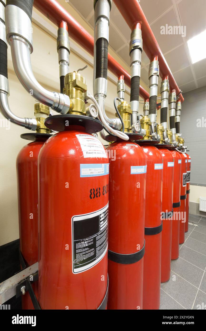Red balloons of powerful industrial fire extinguishing system Stock ...