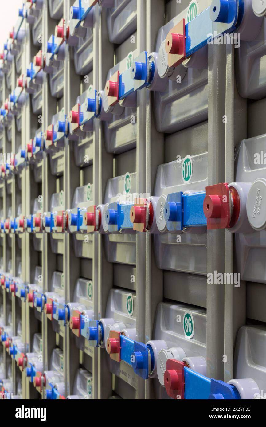 Industrial backup power system consisting of many batteries, close-up ...