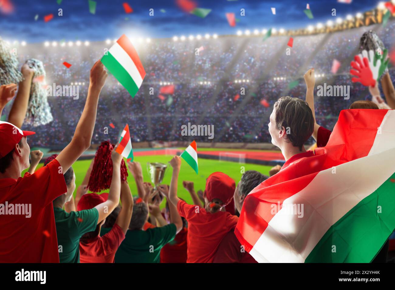 Hungary football supporter on stadium. Hungarian fans on soccer pitch ...