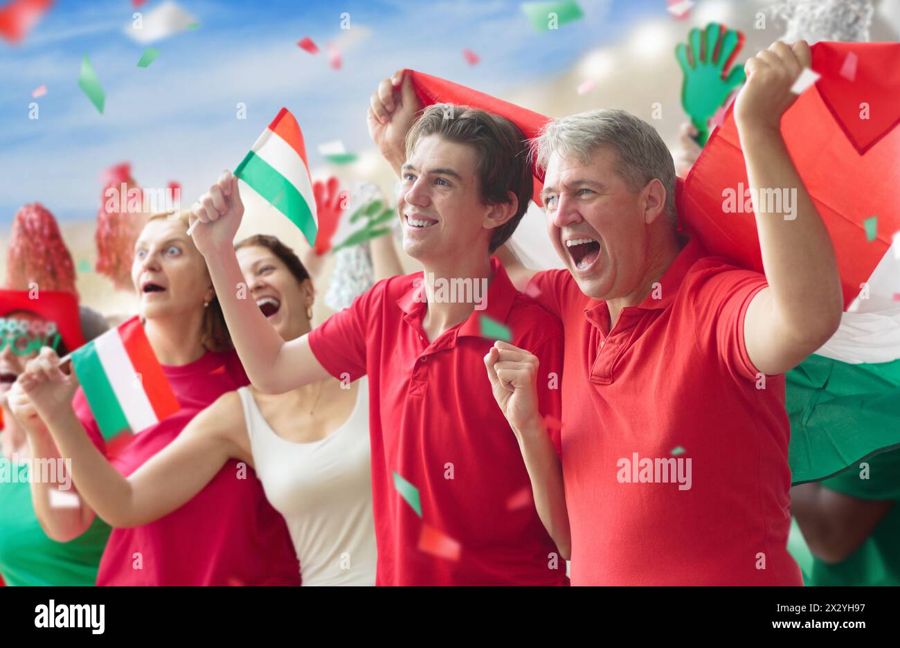 Hungary football supporter on stadium. Hungarian fans on soccer pitch ...