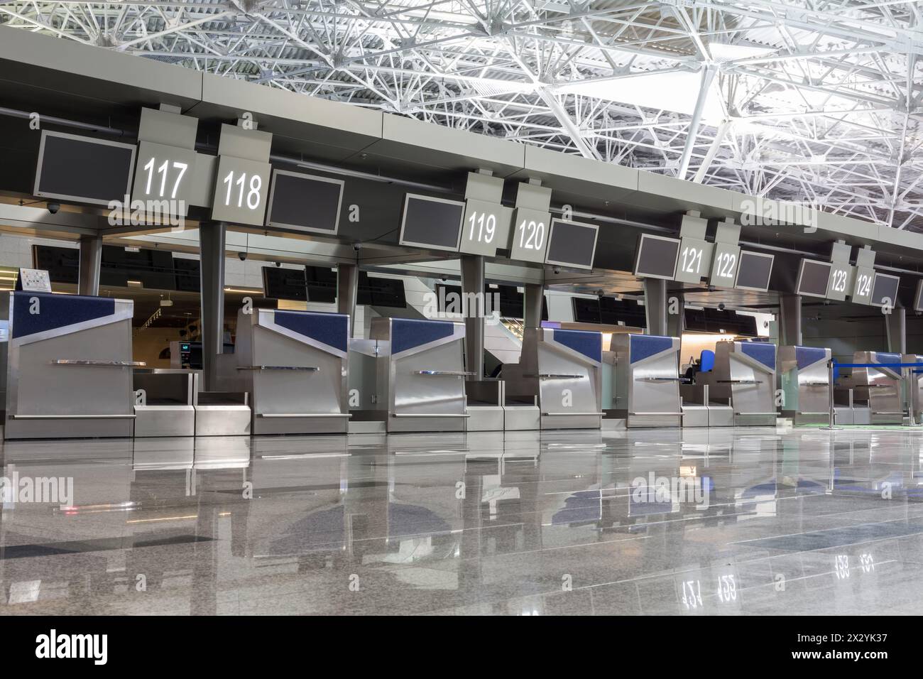 Chrome interior elements and floor with reflections in the airport ...