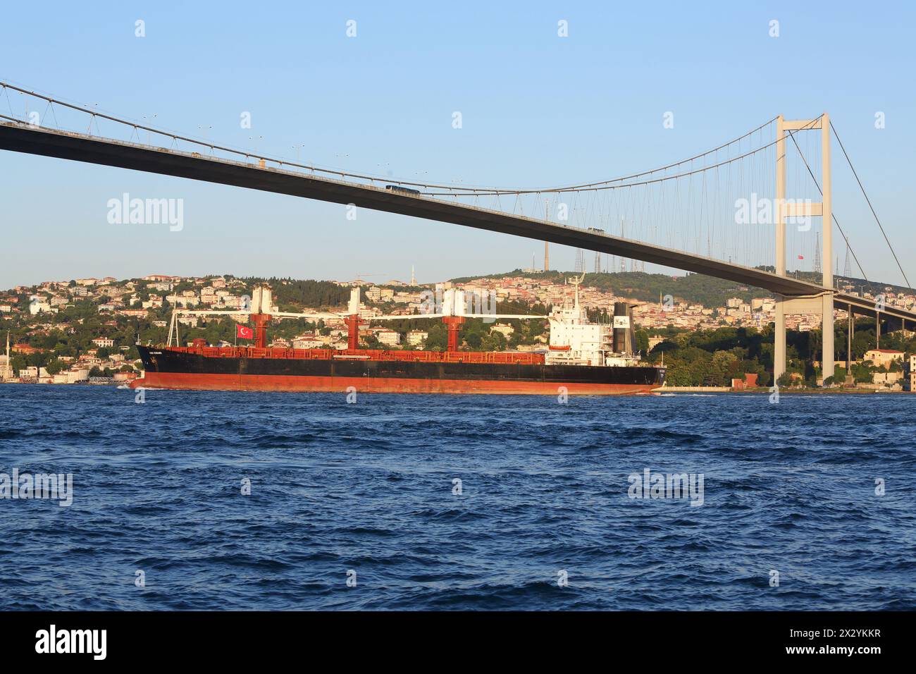 ISTANBUL - JUL 3: Landscape with barge and Ataturk Bridge (Bosphorus ...