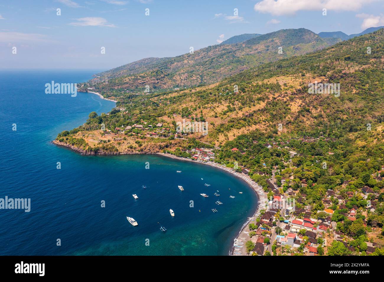 Amed, Bali: Aerial view of the Jemeluk bay and beach in Amed in Bali ...