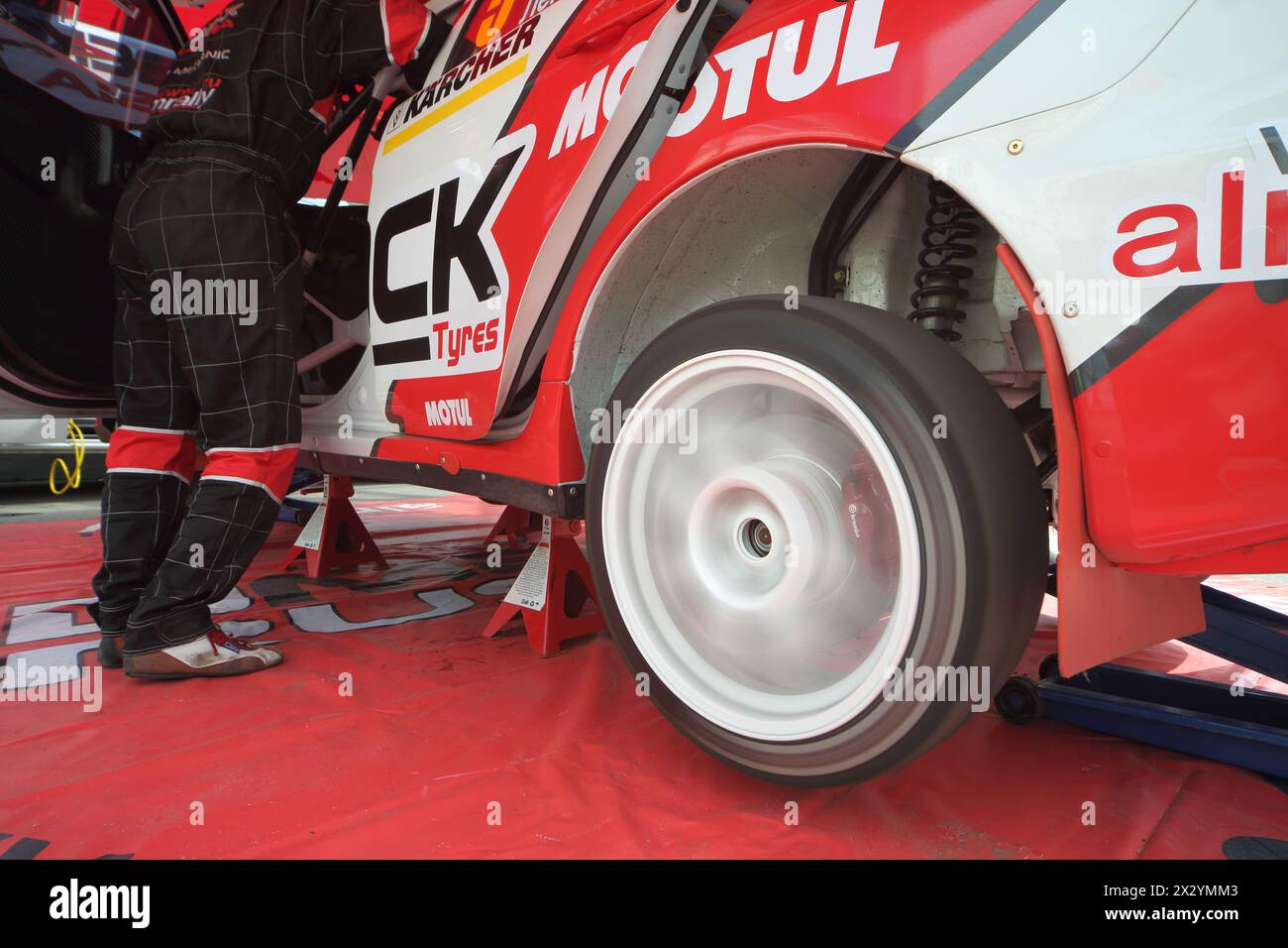 MOSCOW - APR 21: Automobile mechanic do diagnostics chassis in car of ...