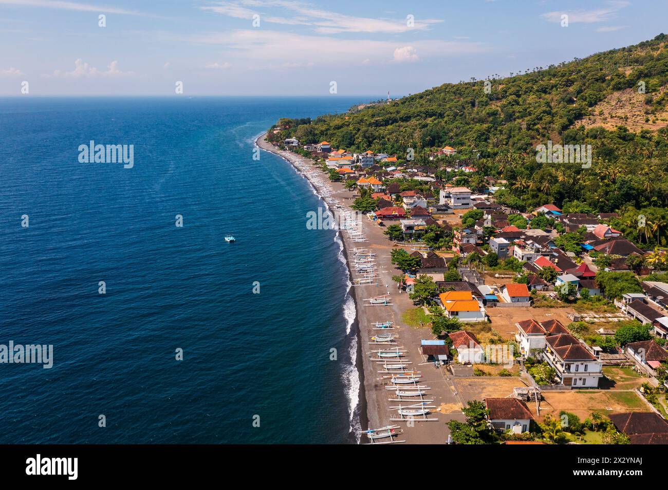 Amed, Bali: Aerial view of the Amed village with its beach lined with ...