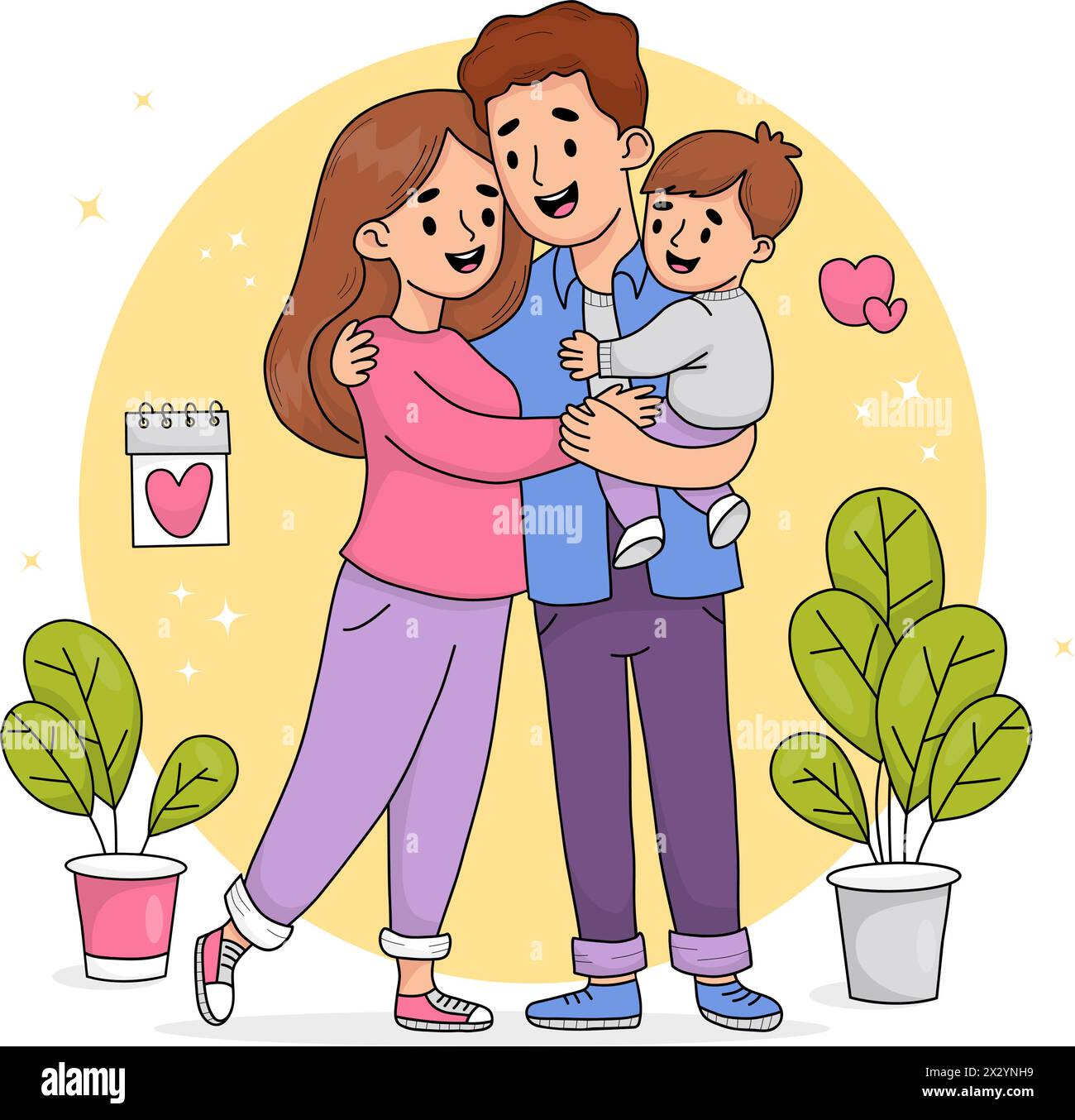 Happy family. Smiling man father hugs his wife and holds son in his ...