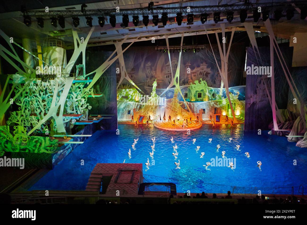 MOSCOW - JAN 5: Actors on stage and synchronized swimmers at Swimming ...