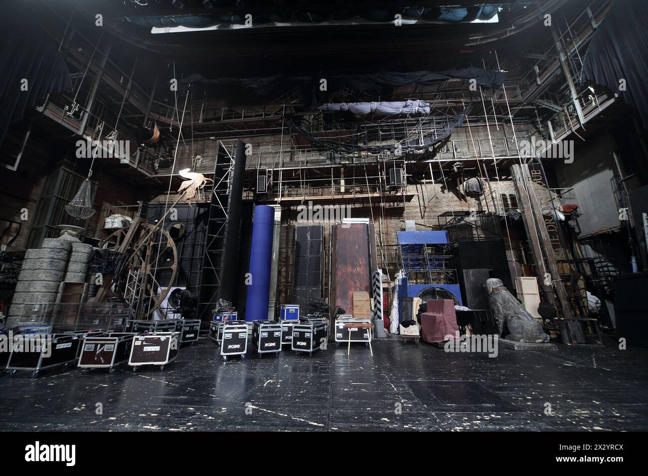 MOSCOW - APRIL 23: Packed decorations on stage in Vakhtangov Theatre on ...