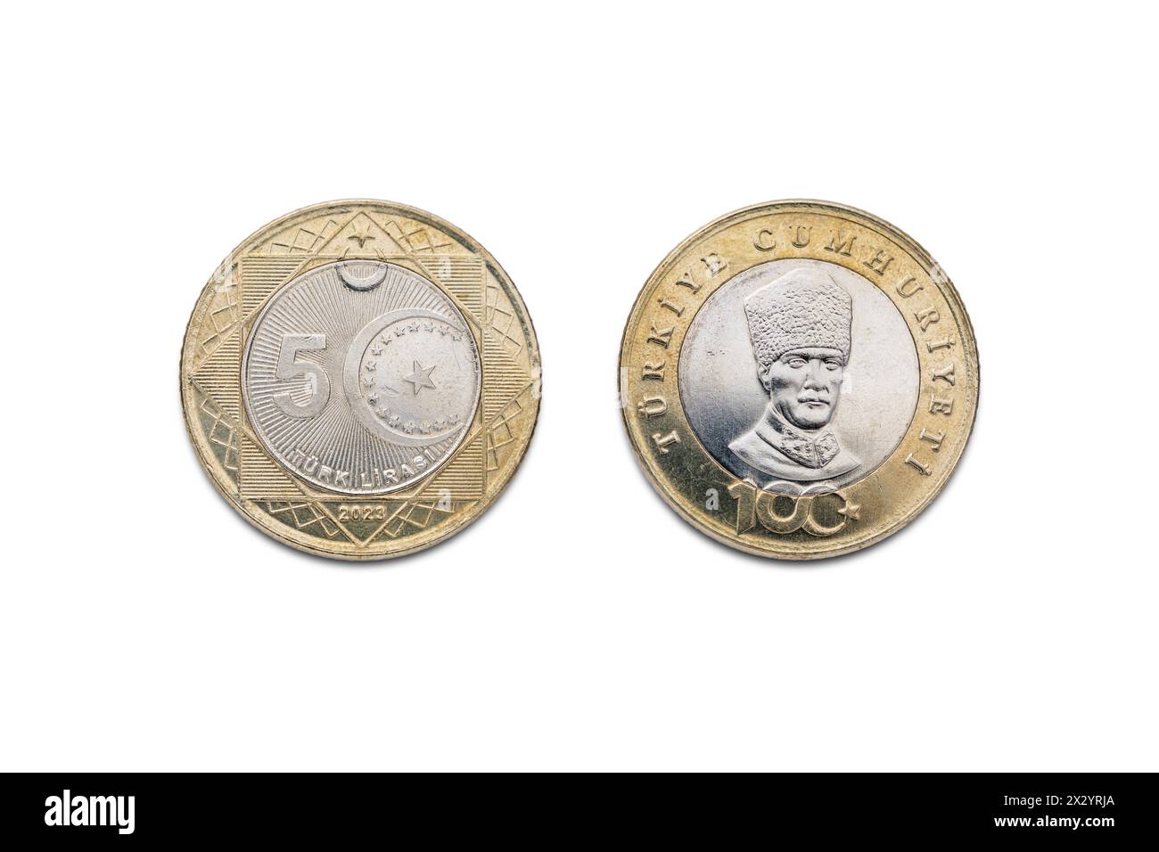 Top view of the front and back of a 5 Turkish lira coin on an isolated ...