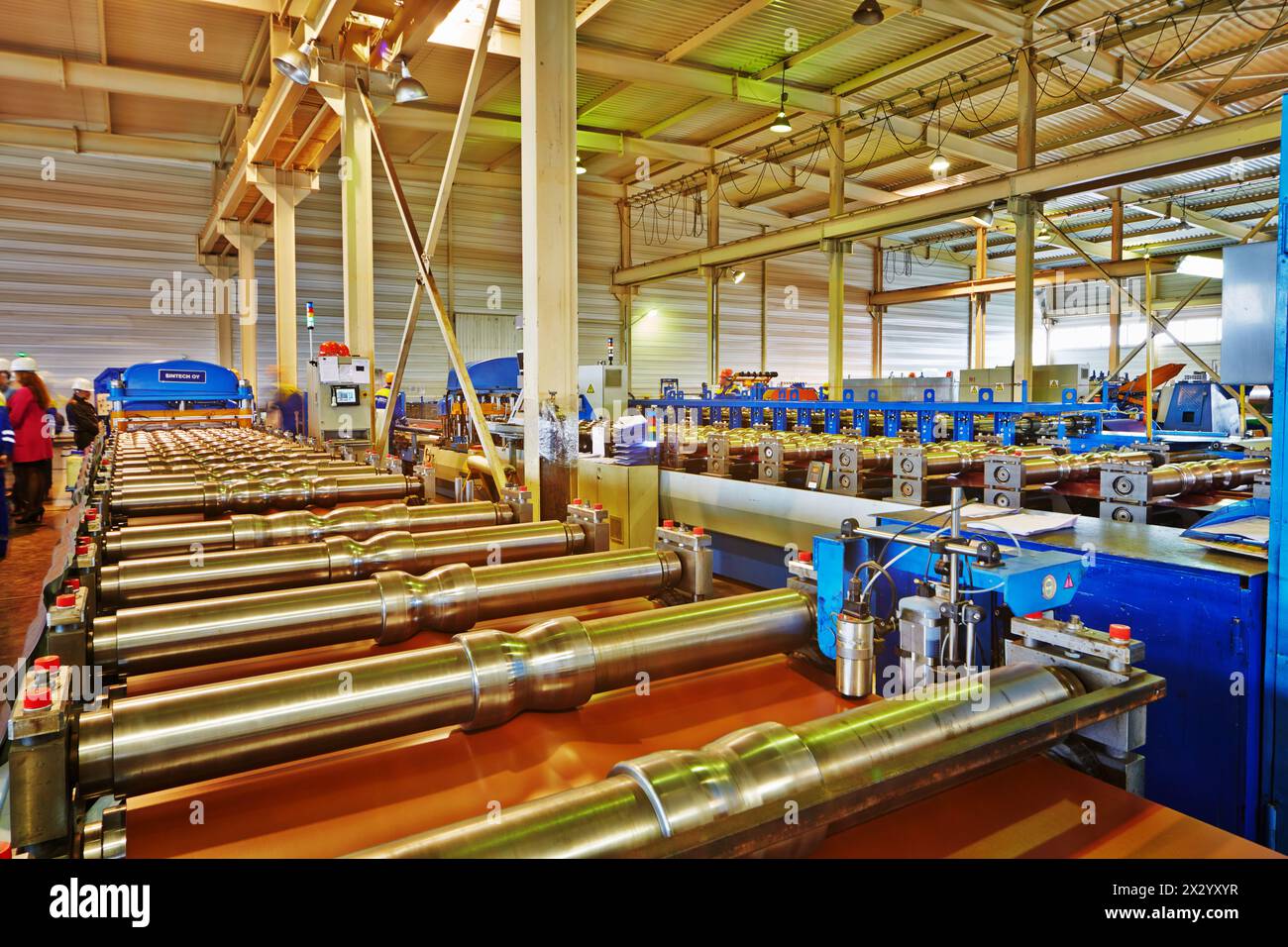 LOBNYA - JUN 7: Automated line for production of metal roofing tile in ...