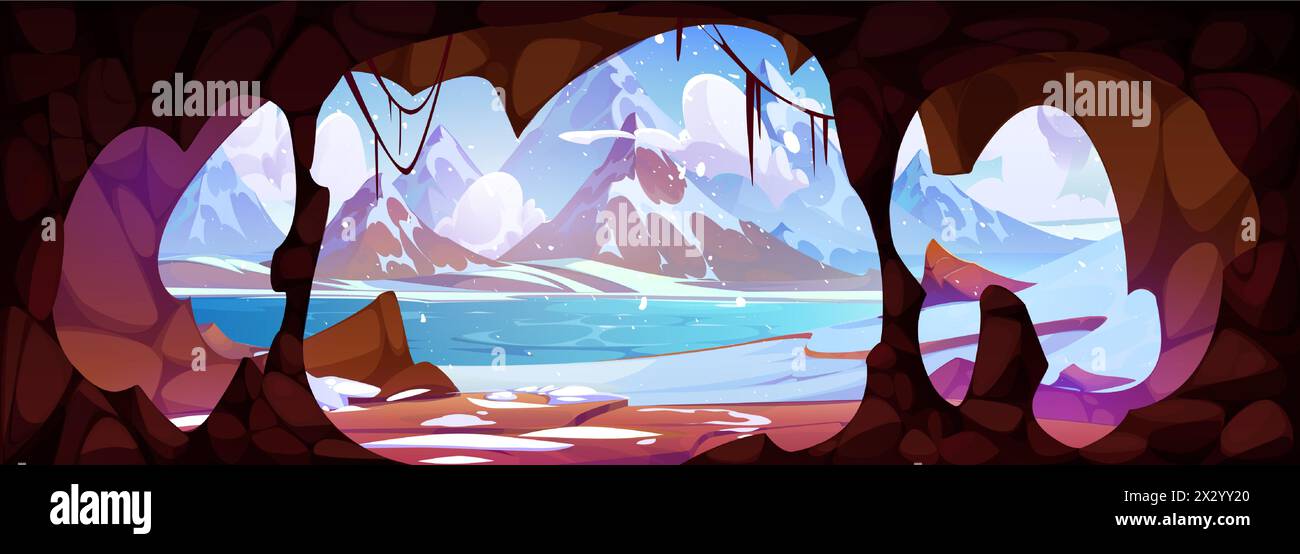 View from inside of underground cave on winter landscape with rocky ...