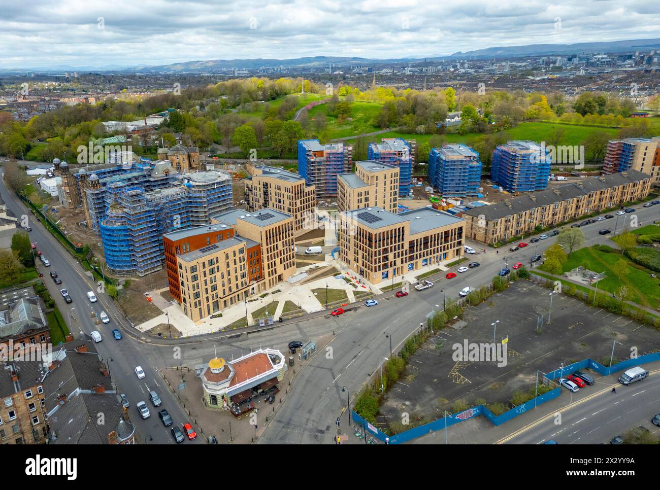 Aerial view of new build apartment buildings under construction at The ...