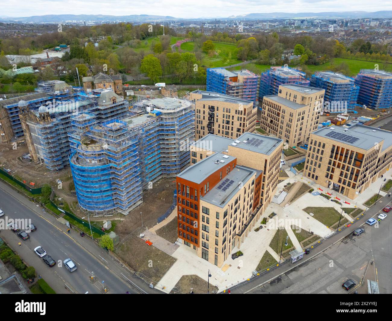 Aerial view of new build apartment buildings under construction at The ...