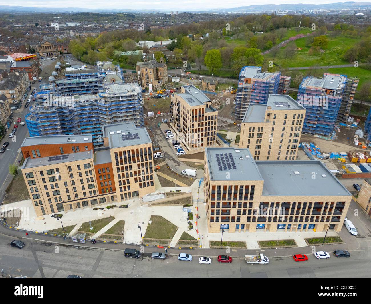 Aerial view of new build apartment buildings under construction at The ...