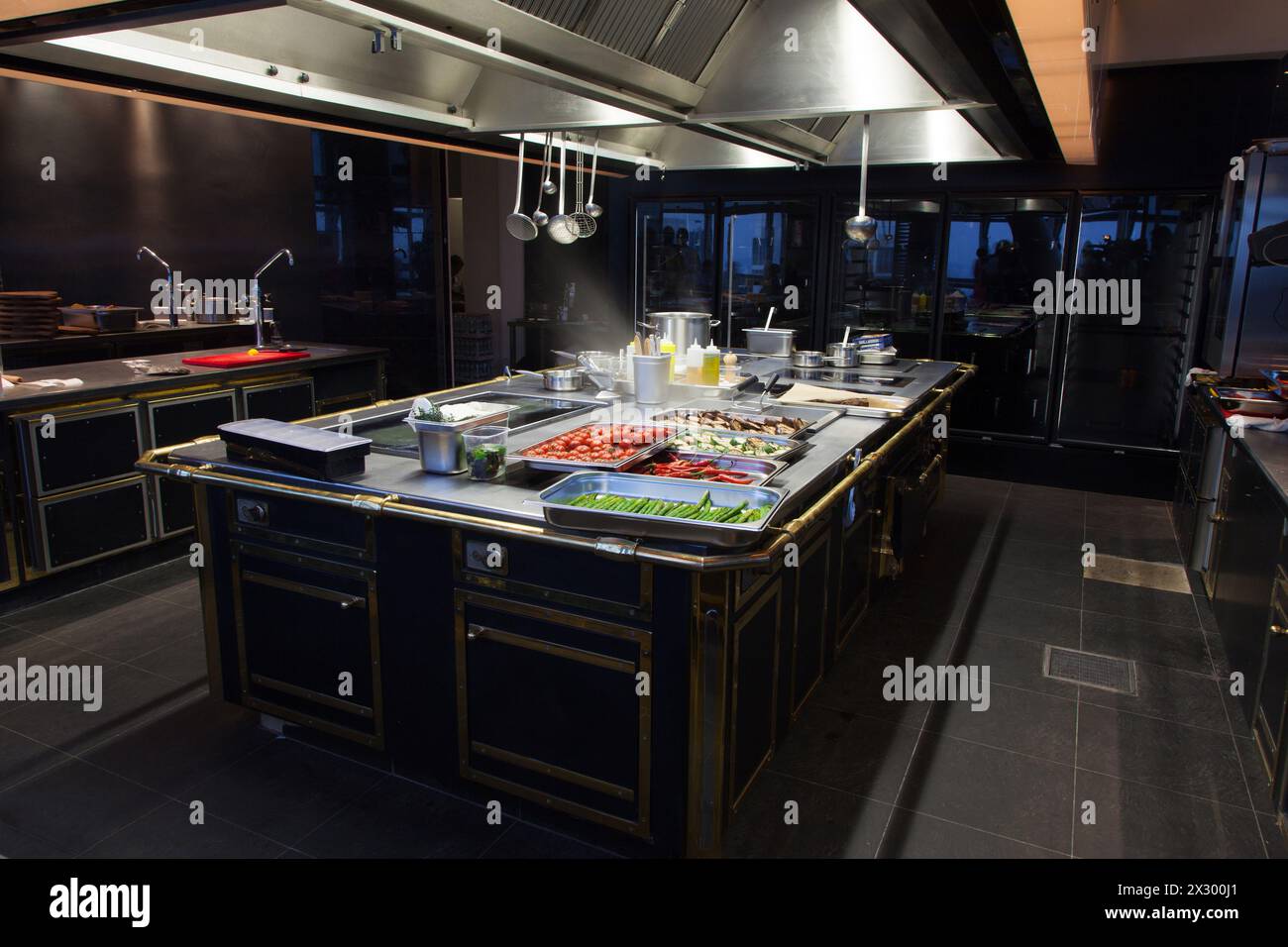 MOSCOW - AUG 30: Beautiful kitchen restaurant Sixty with delicious food ...