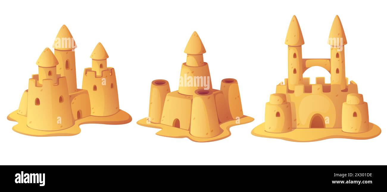 Sand castles set isolated on white background. Vector cartoon ...