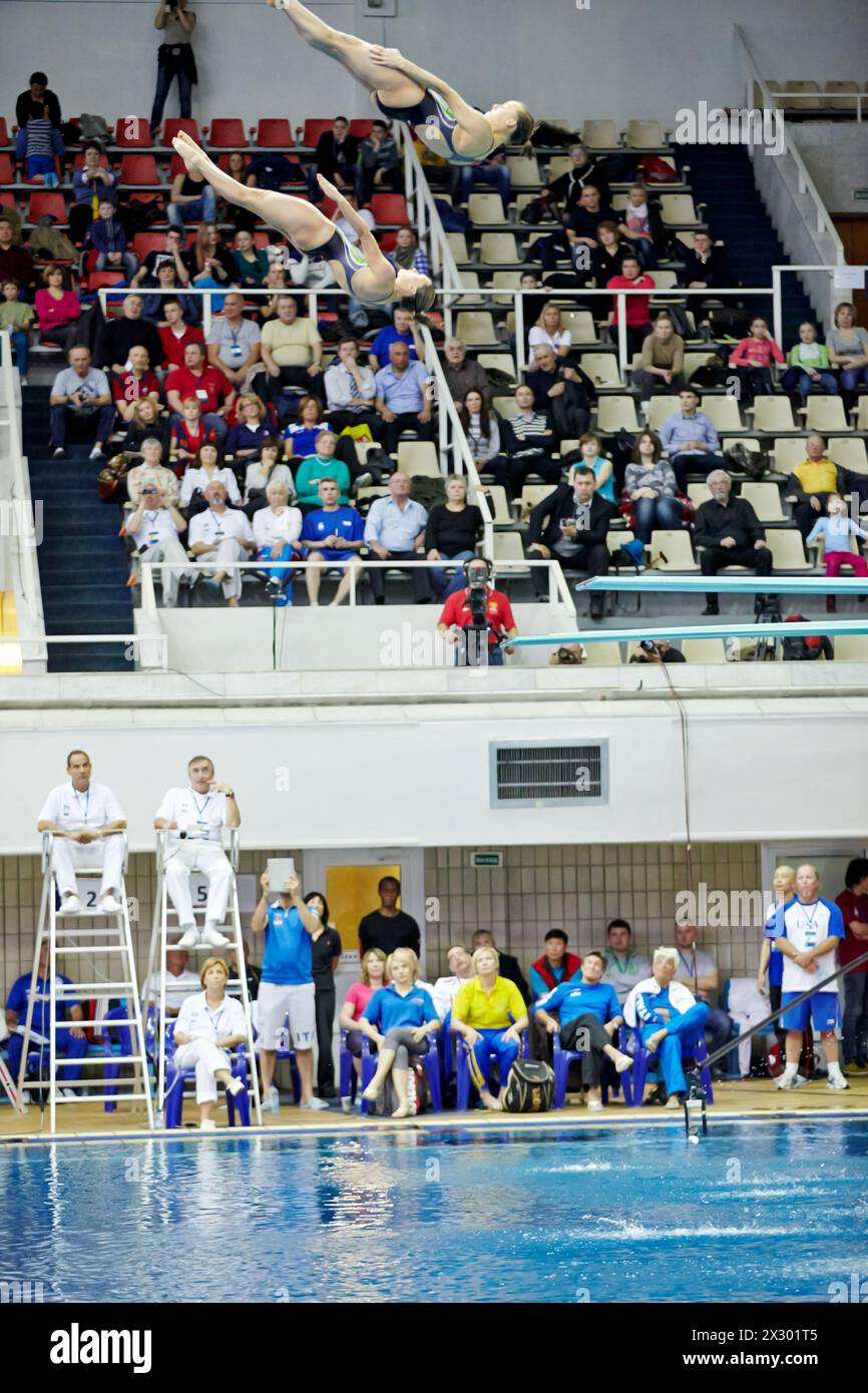 MOSCOW - APR 13: Female athletes during competitions on syncronized ...
